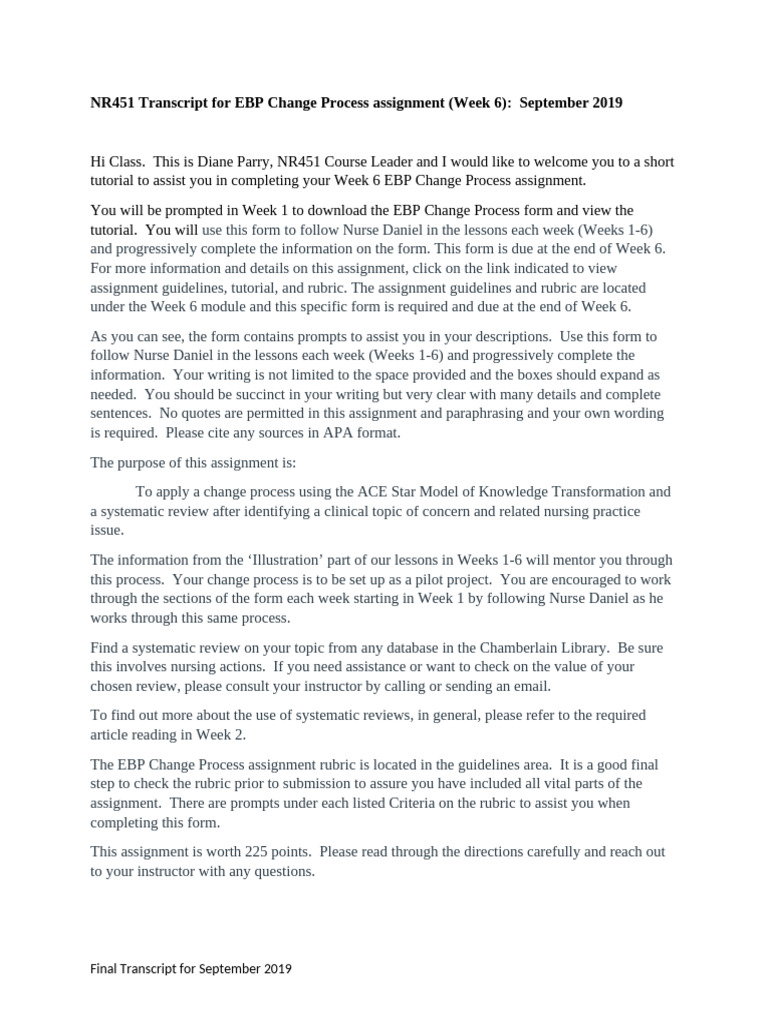 NR451 Transcript For EBP Change Process Assignment | PDF | Systematic ...