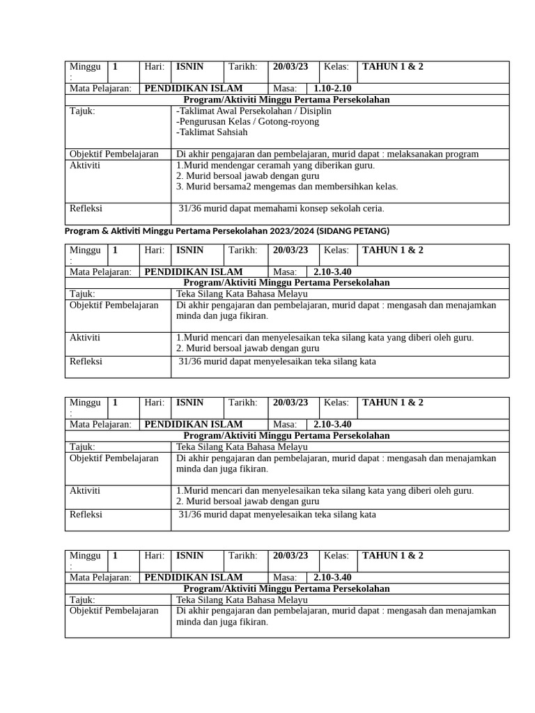 RPH Minggu 1 Persekolahan (Petang) | PDF