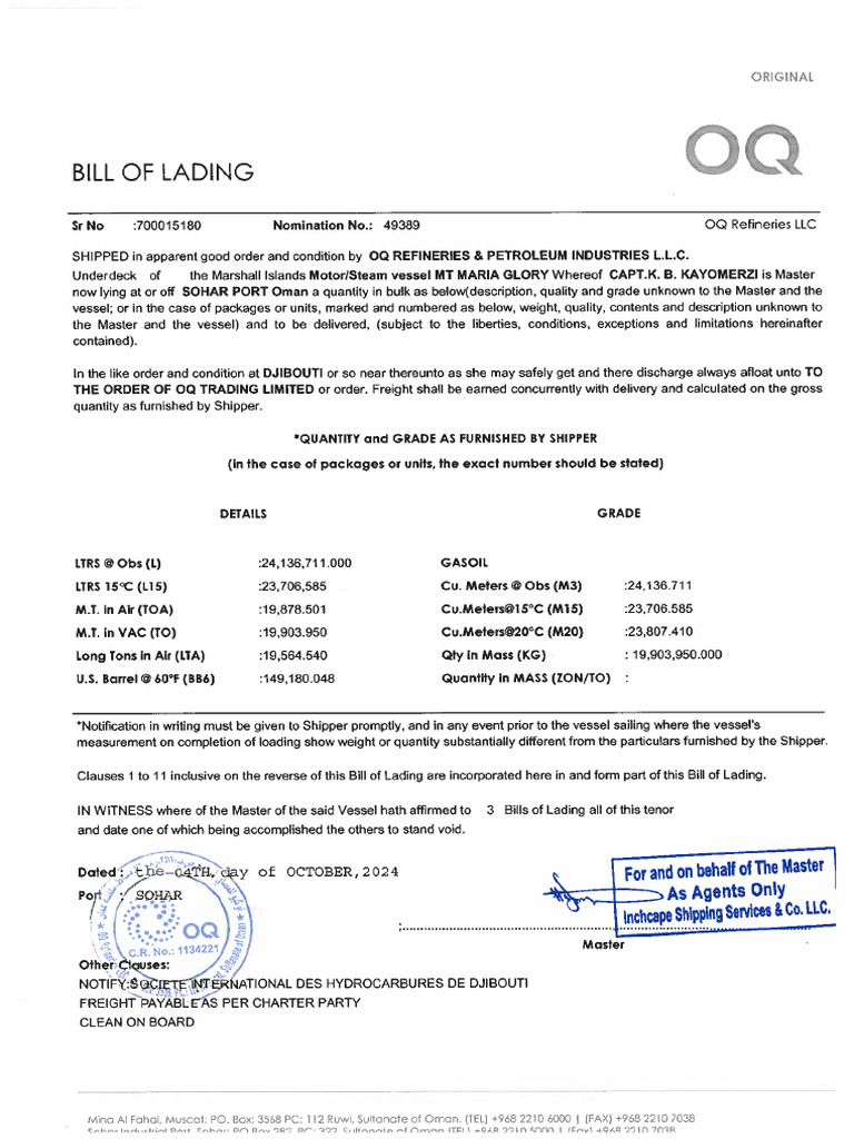 Maria Glory Gas Oil BL | PDF