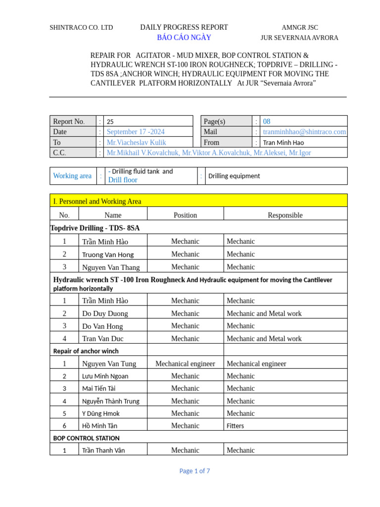 Daily Progress Report on Equipment Repairs | PDF
