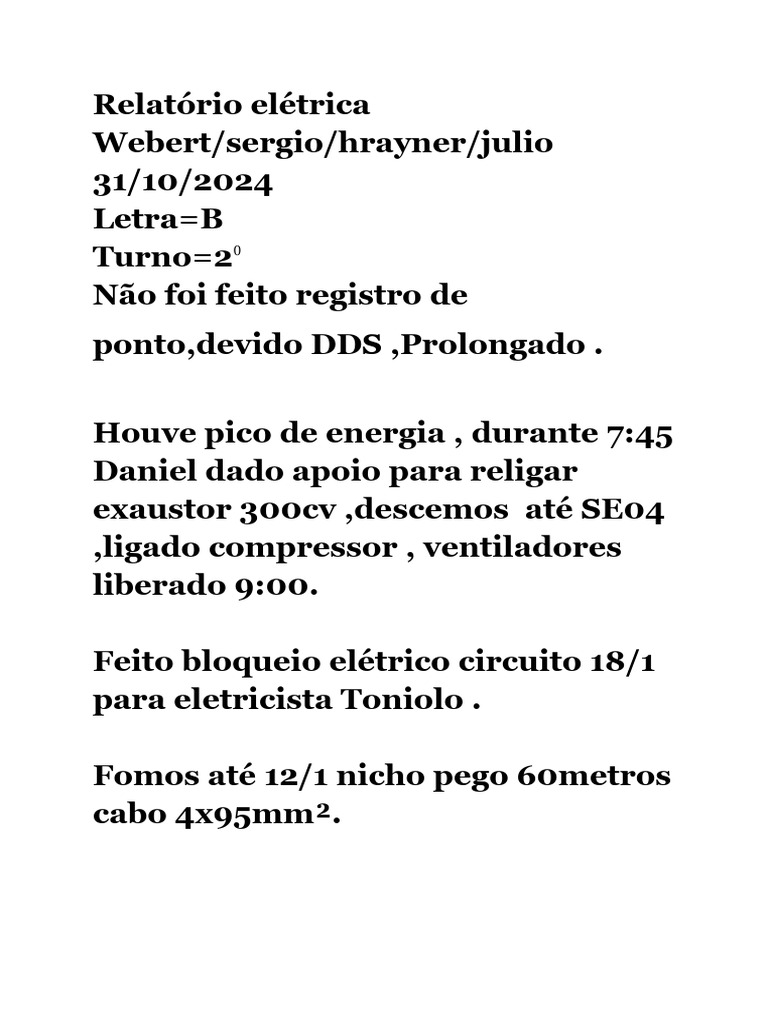 Relatório Elétrica Webert Sergio Hrayner Julio 31-10-2024 | PDF