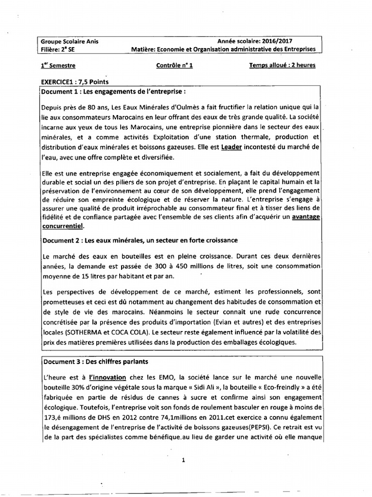 Devoir 1 Modele 4 Eoae 2 Bac Eco Semestre 1 | PDF