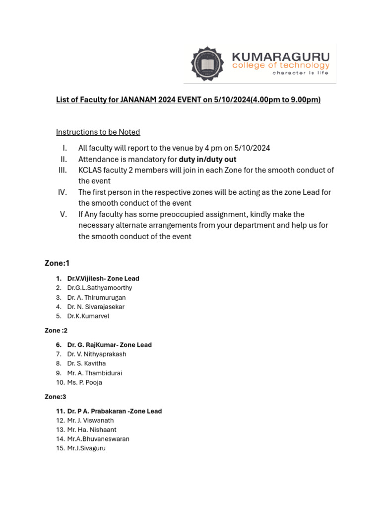 Revised List For JANANAM 2024 Event 1 | PDF