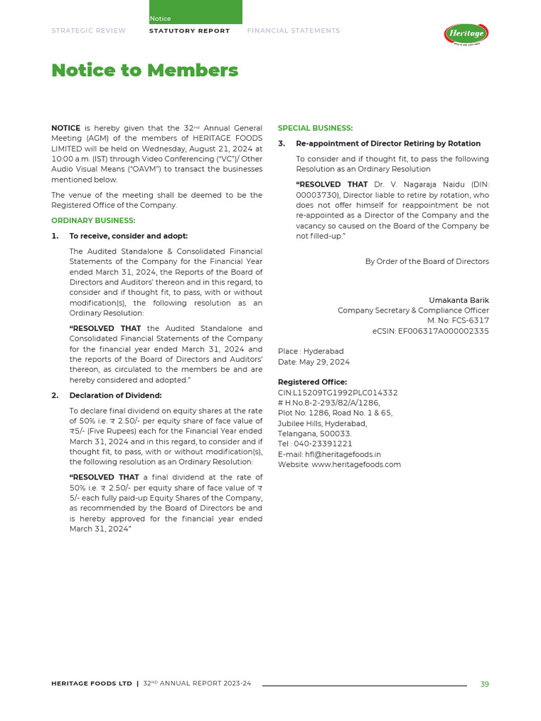 32nd AGM Notice-Heritage | PDF | Login | Password