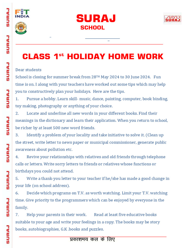 Class 1 Holiday Homework Guide | PDF