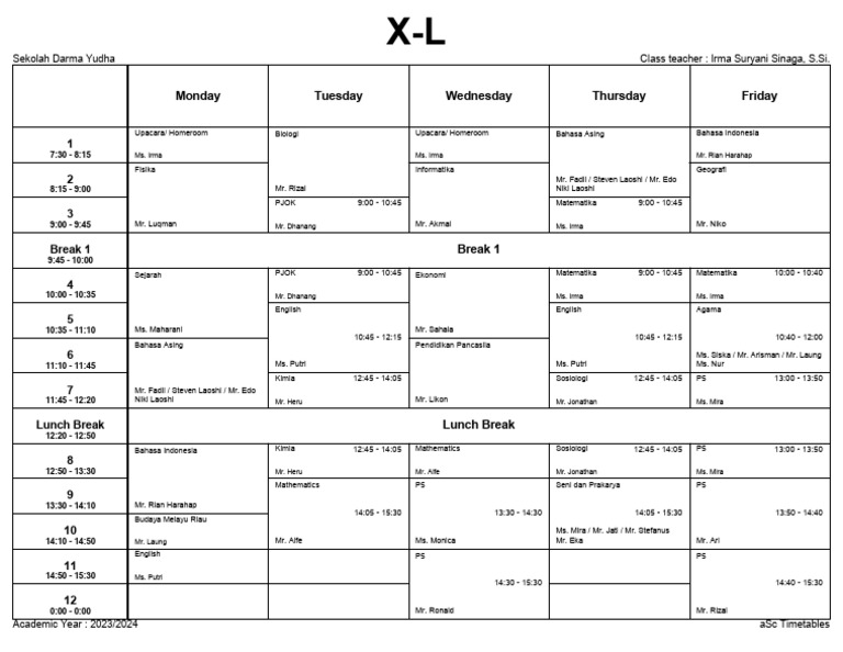 Monday Tuesday Wednesday Thursday Friday: 1 2 3 Break 1 4 5 6 7 Lunch ...