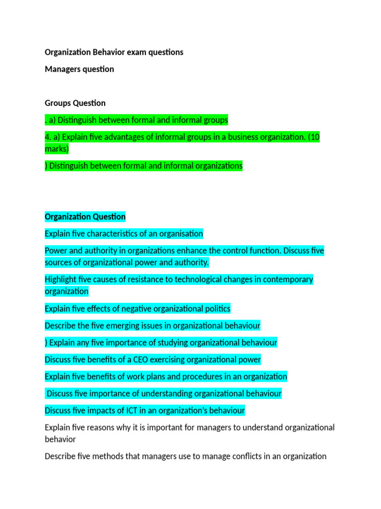 Organizational Behaviour Questions | PDF | Organizational Behavior ...