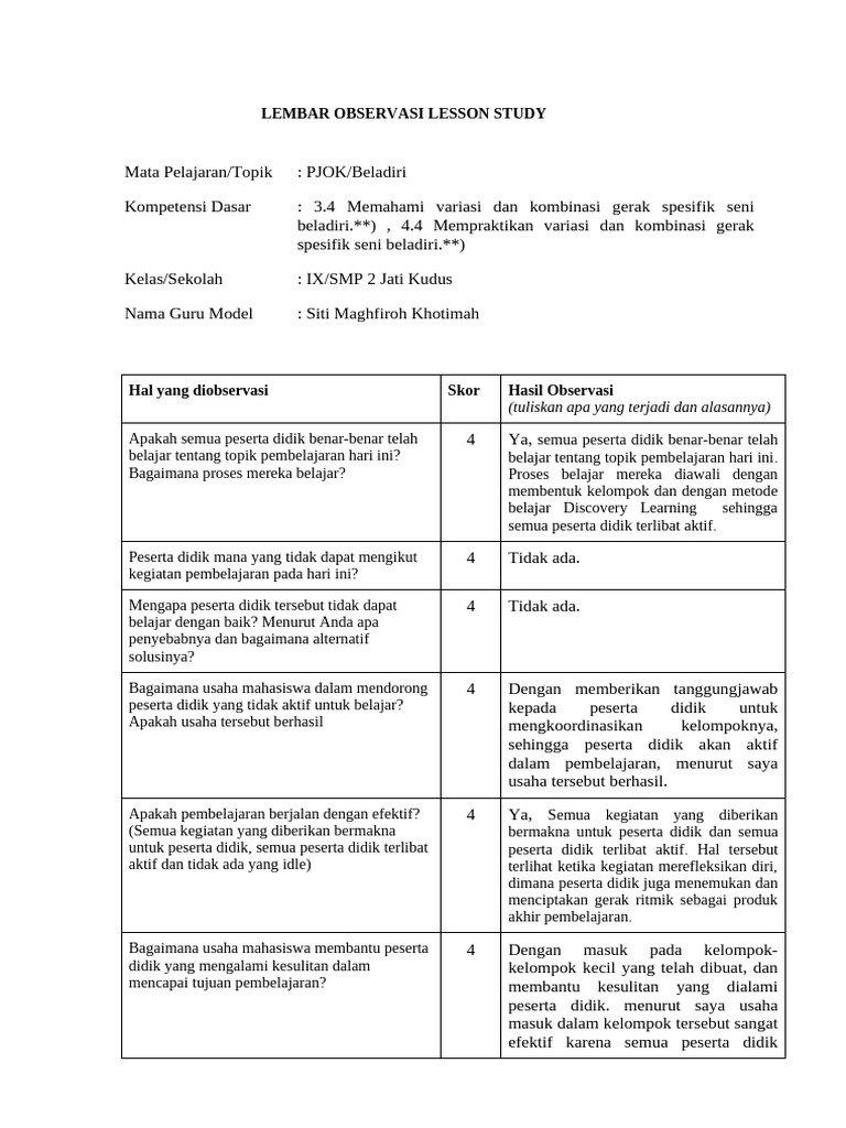 Lembar Observasi Lesson Study | PDF