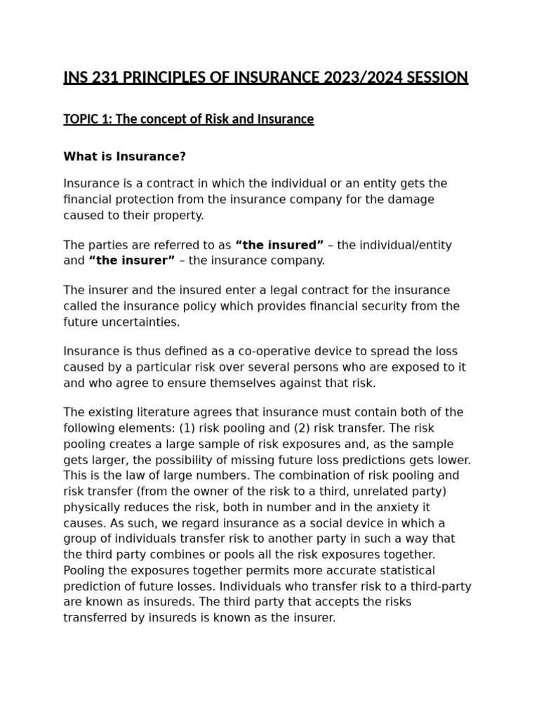 INS 231 PRINCIPLES OF INSURANCE 2023 | PDF | Insurance | Risk