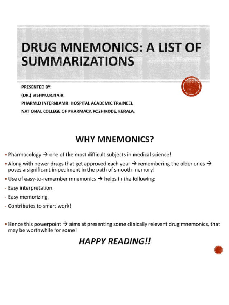 Mnemonic for Pharma drugs | PDF