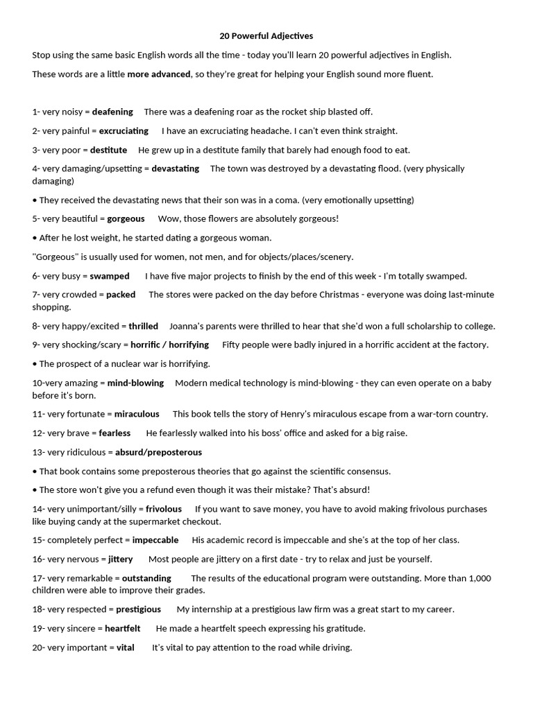 20 Powerful Adjectives | PDF 20 Powerful Adjectives | PDF