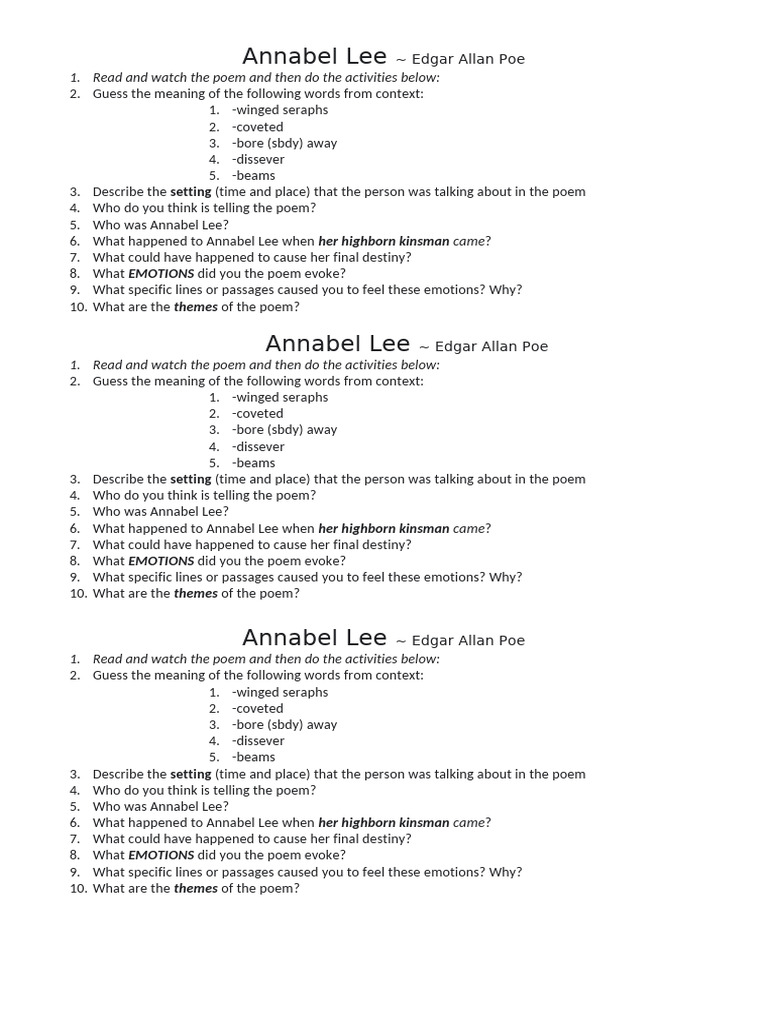 Annabel Lee Activities - Edgar Allan Poe | PDF