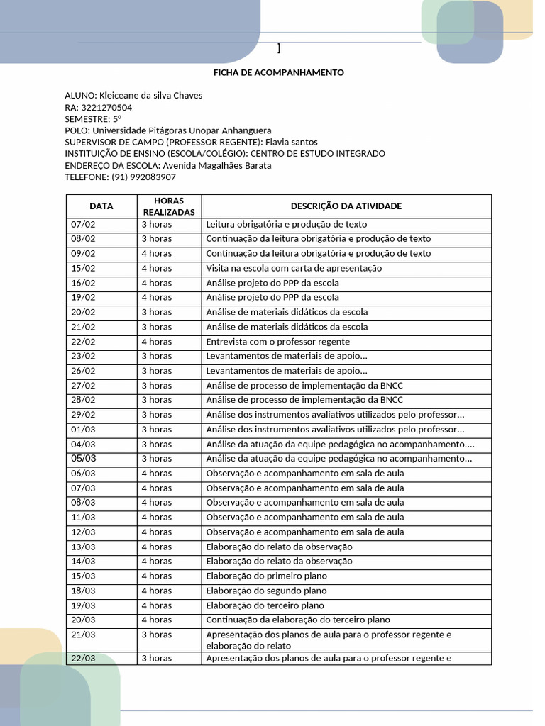 Ficha de Acompanhamento de Estágio | PDF | Pedagogia | Escolas
