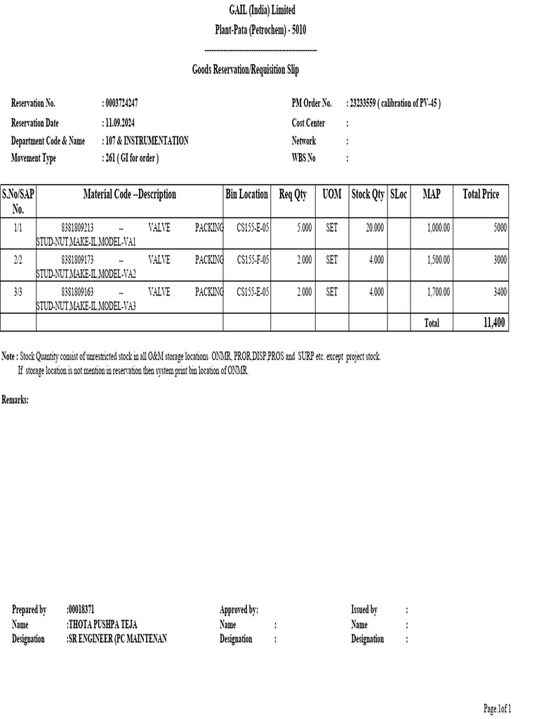 Gland Nut Packing Reservation Slip | PDF
