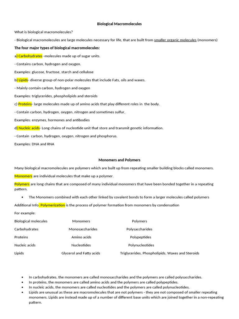 Overview of Biological Macromolecules | PDF | Biomolecules | Macromolecules