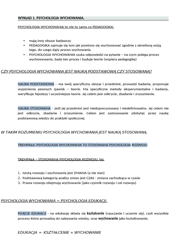 Psychologia Wychowania Wykład 1 | PDF