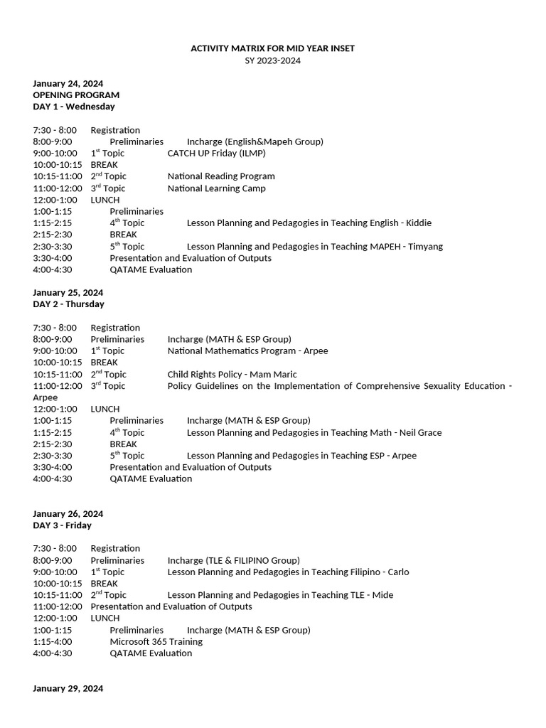 Mid-Year Inset Activity Matrix 2024 | PDF