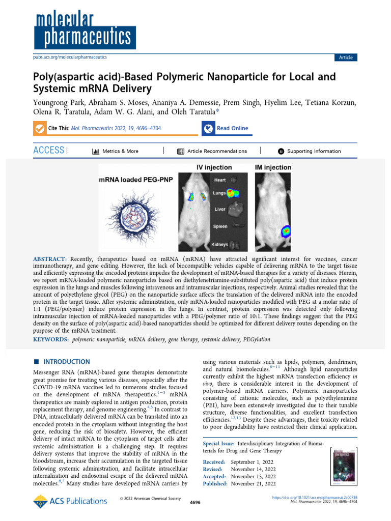 Molecular Pharmaceutics 2022 Poly (Aspartic Acid) Based Polymeric Nanoparticle For Local and ...
