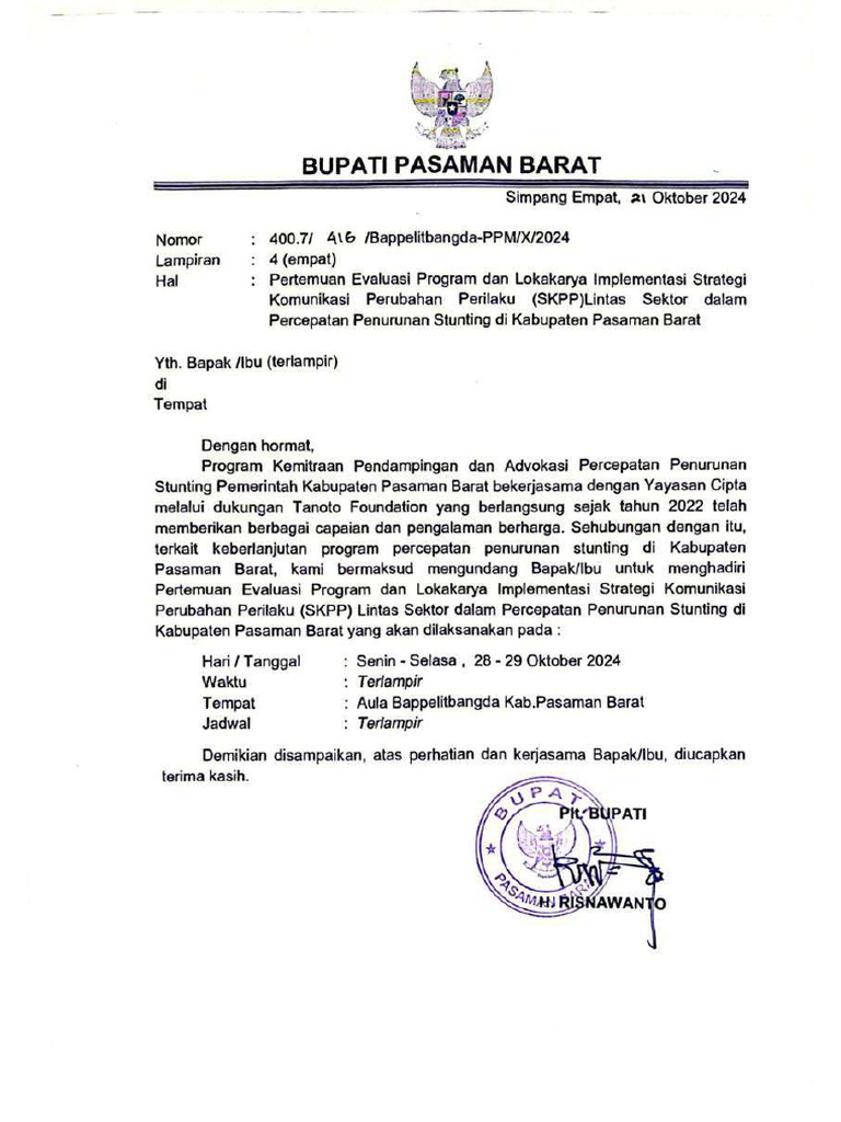 Surat Bupati Lokakarya Dan Evaluasi SKPP 2024 Bersama TF Dan YC Ok | PDF