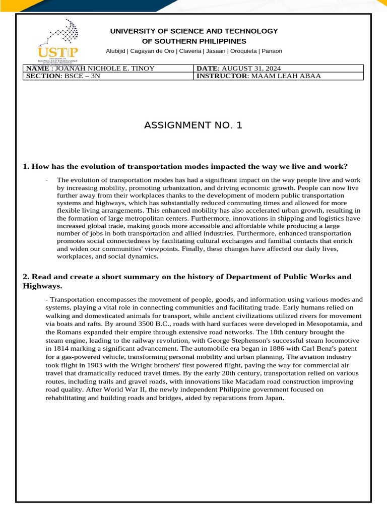 Assignment No. 1: 1. How Has The Evolution of Transportation Modes Impacted The Way We Live and ...