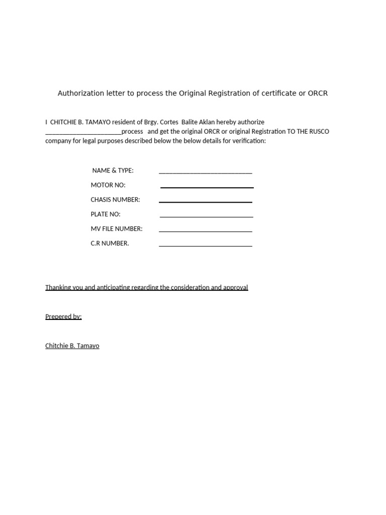 Authorization Letter To Process The Original Registration of ...