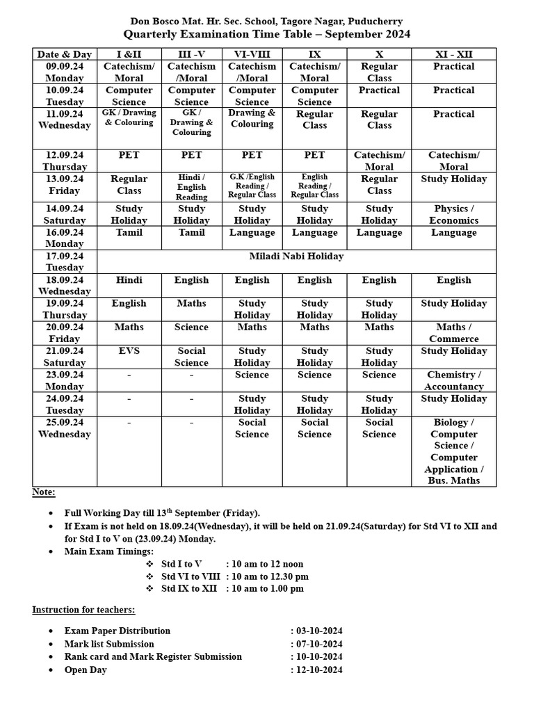 Quarterly Exam Time Table 2024 Last Final-3 | PDF