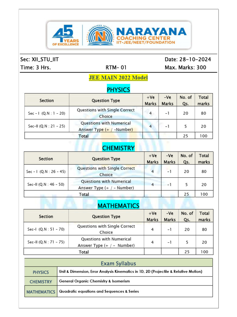 RTM Xii Stu 01 M 28 10 2024 Ques. | PDF | Euclidean Vector | Angle