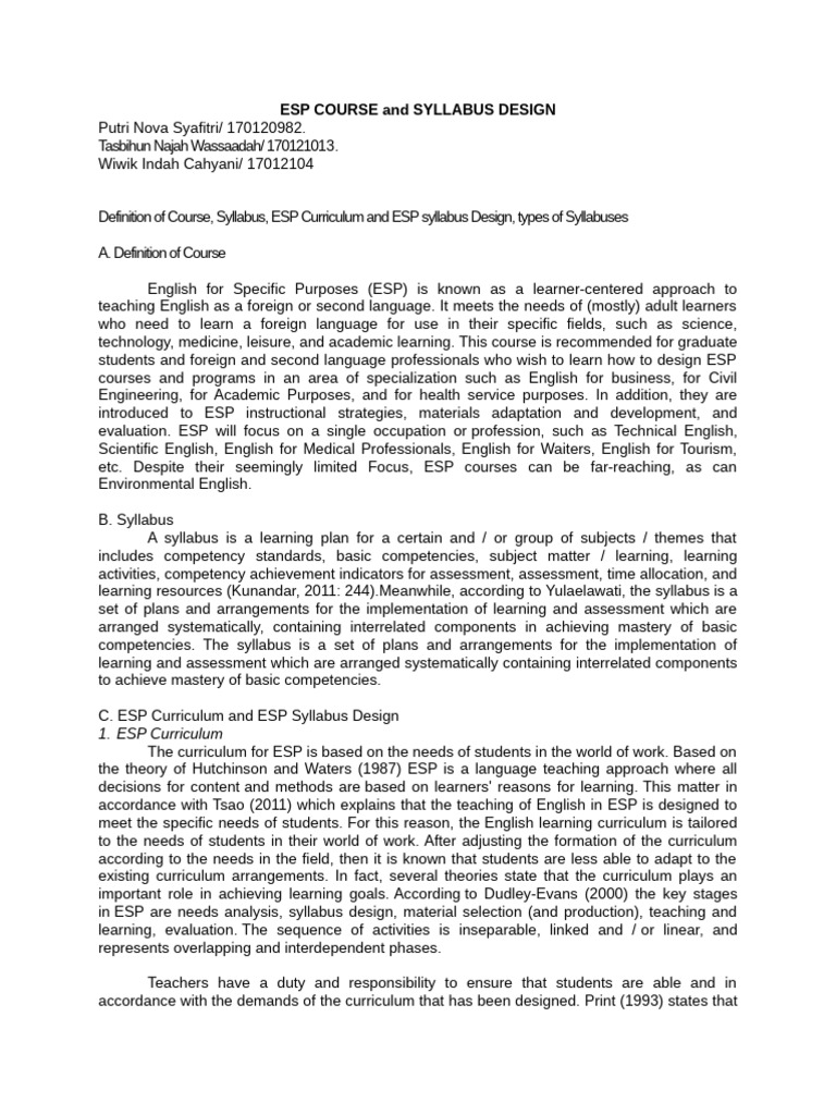 ESP COURSE and SYLLABUS DESIGN | PDF | Grammar | Curriculum