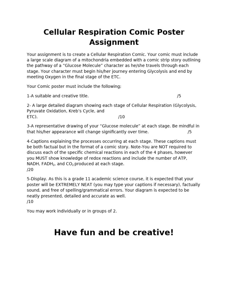 Cellular Respiration Comic Poster Assignment | PDF