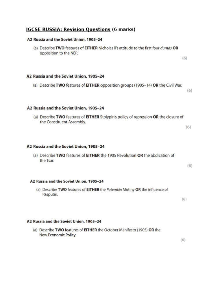 History Revision Questions - IGCSE Russia | PDF