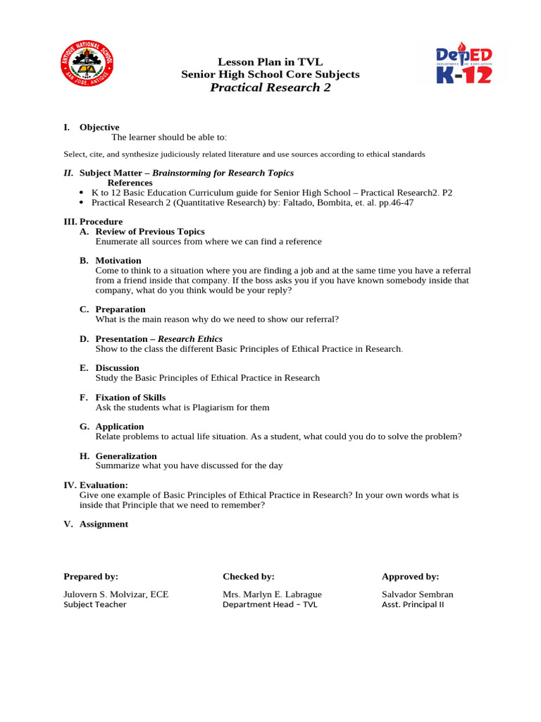 TVL Lesson Plan: Research Ethics in SHS | PDF