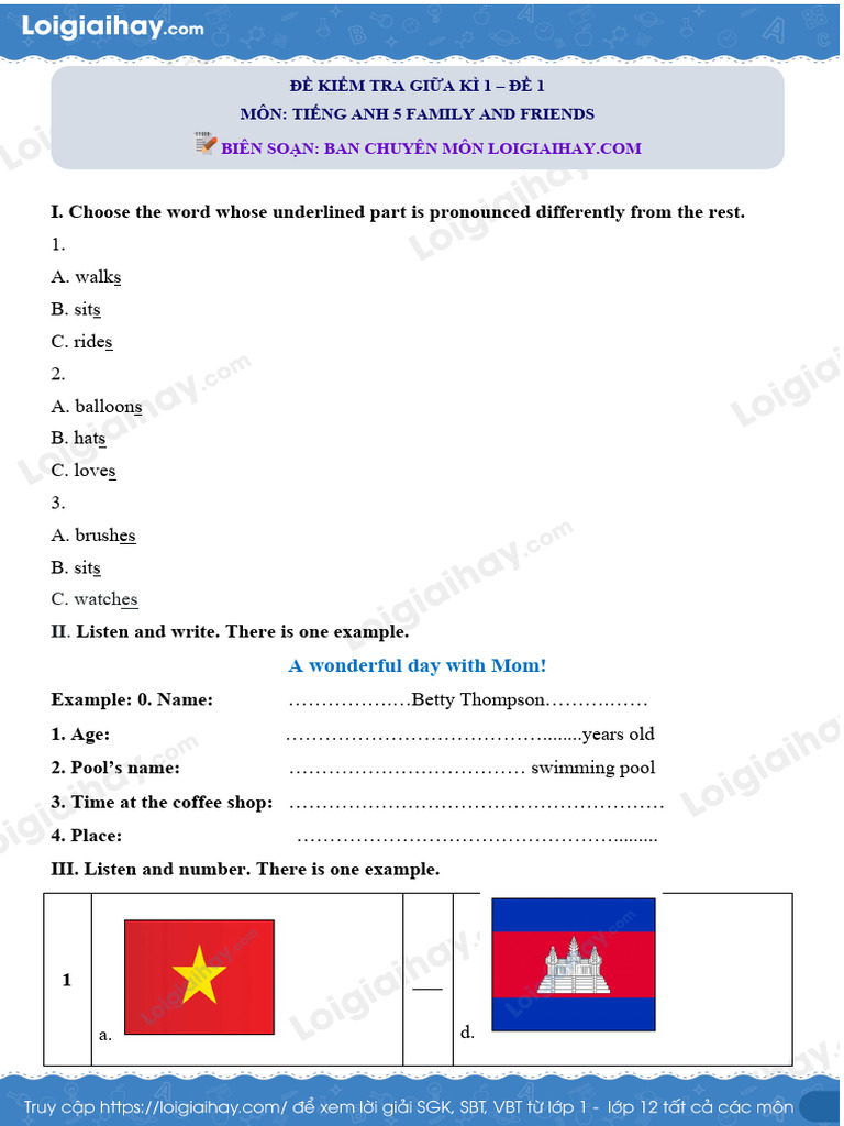 De Thi Giua Ki 1 Tieng Anh 5 Family and Friends de So 1 1727257613 | PDF