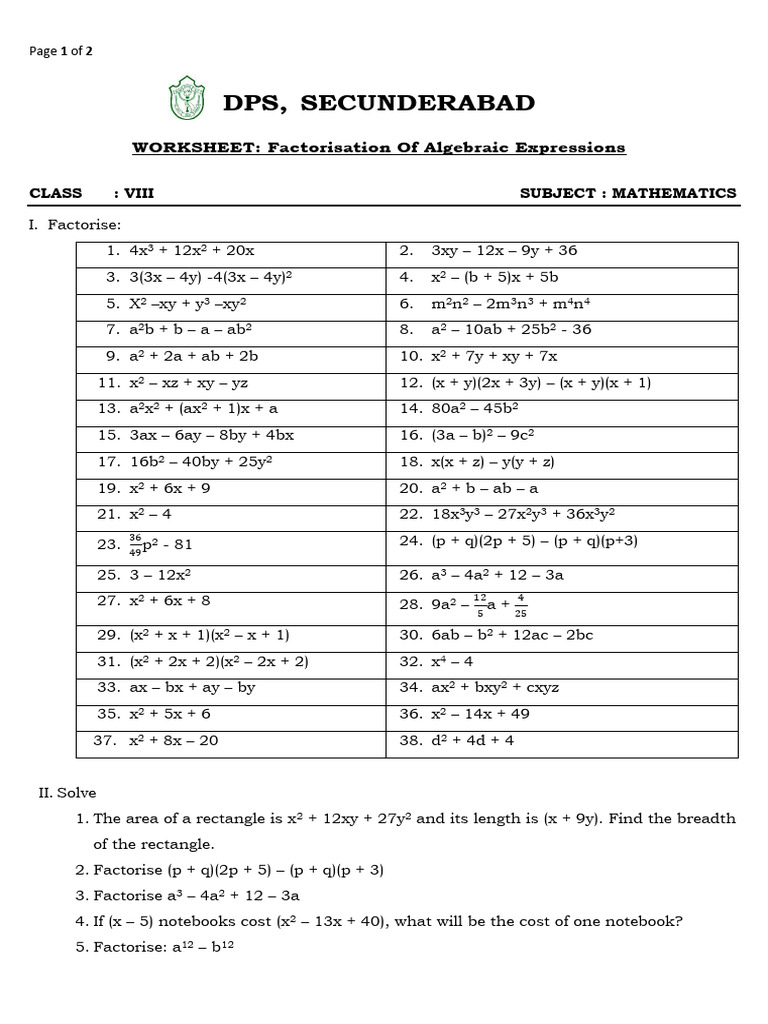 Class 8 Factorisation Worksheet | PDF | Mathematics | Algebra