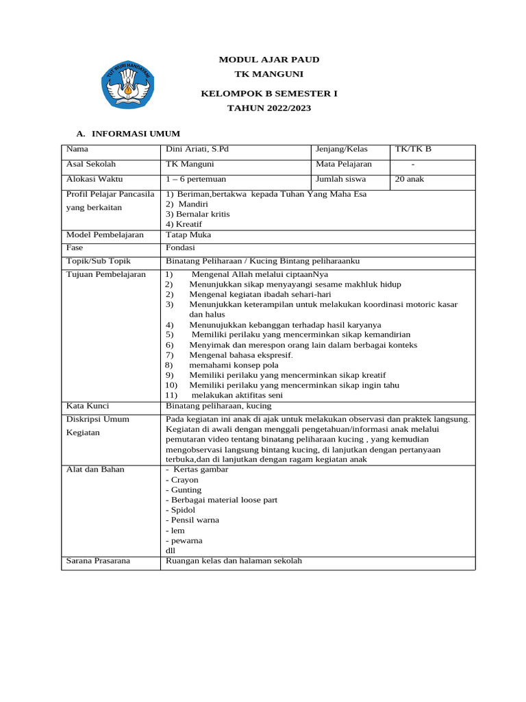 Modul Ajar Kucing untuk Anak TK | PDF