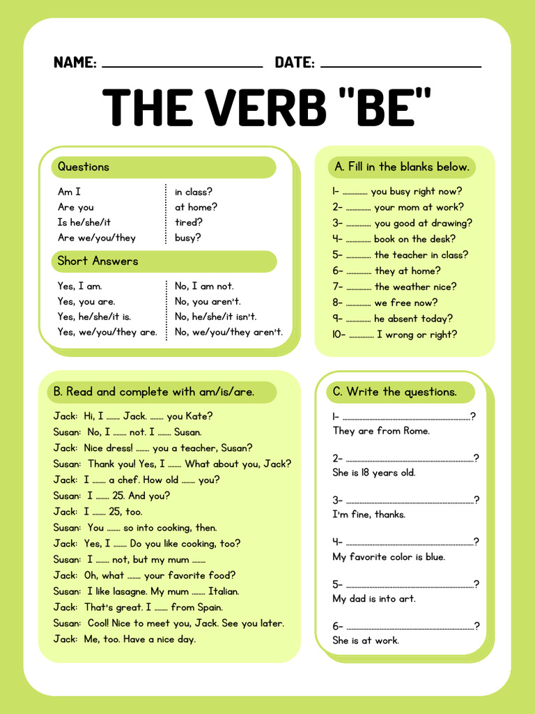 The Verb Be Question (Interrogative) Form & Short Answers Grammar ...