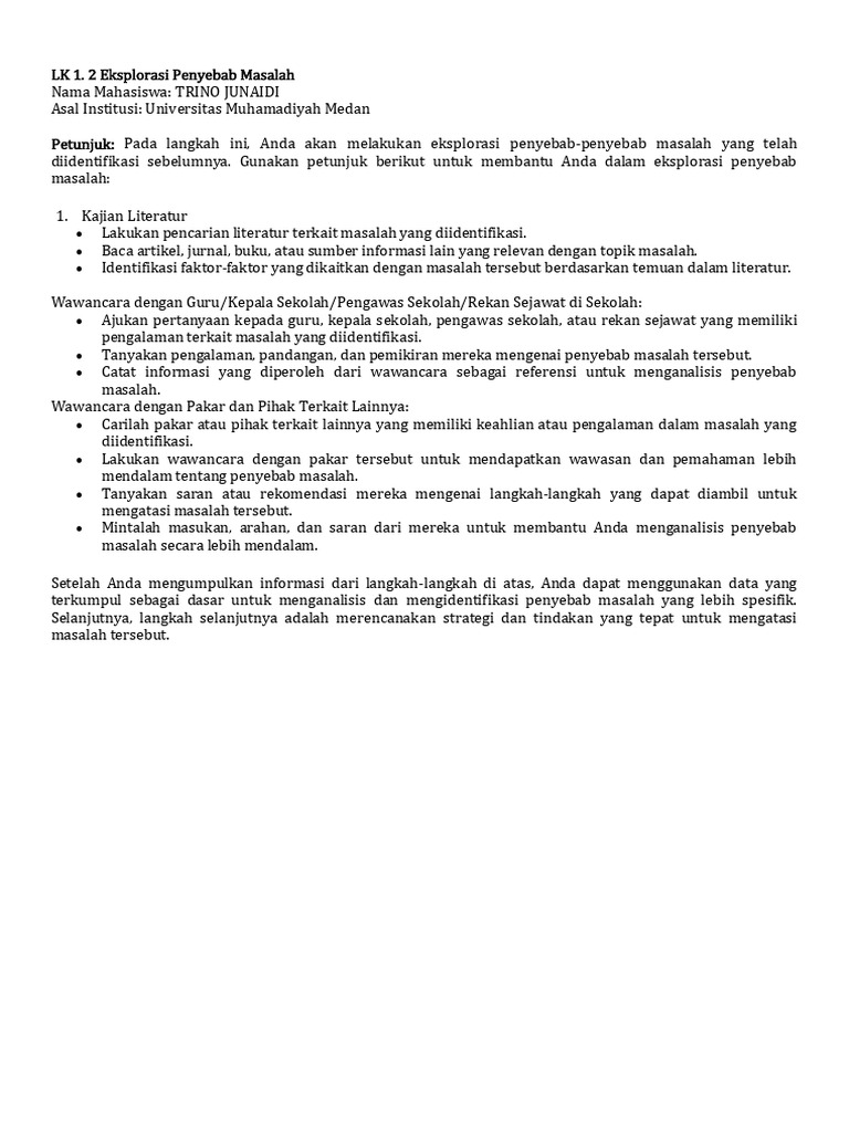 LK 1.2 Eksplorasi Penyebab Masalah 2 TRINO JUNAIDI | PDF
