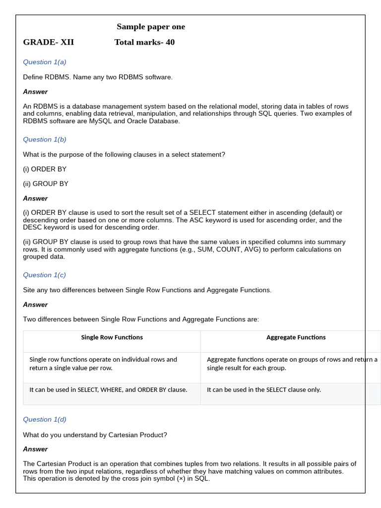 Sample paper two | PDF | Relational Database | Table (Database)