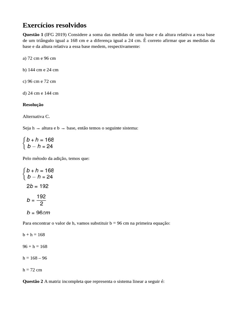 Exercícios Resolvidos de Sistemas Lineares | PDF