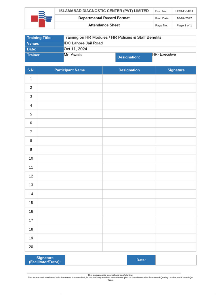 Hr Training Attendance Sheet Template Pdf