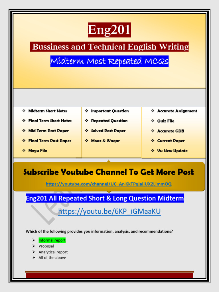 Midterm Most Repeated MCQS: Bussiness and Technical English Writing | PDF | Preposition And ...