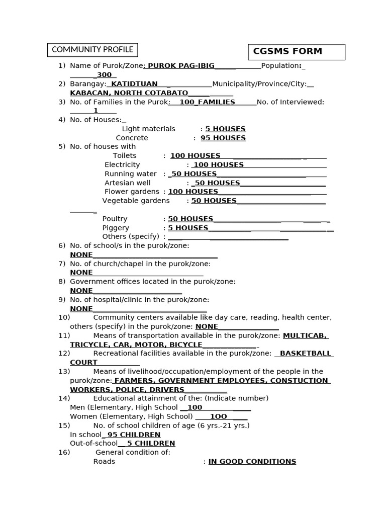 CGSMS Form No. 1-A (Community Profile) | PDF