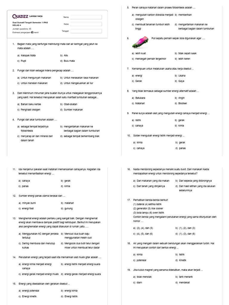 Soal Sumatif Tengah Semester 1 IPAS KELAS 4 - Quizizz | PDF