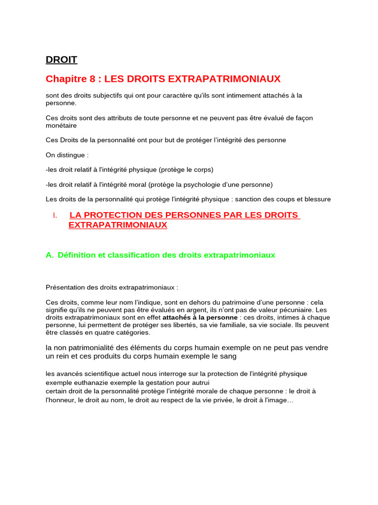 DROIT Chapitre 8 LES DROITS EXTRAPATRIMONIAUX | PDF | Droits de la personnalité | Confidentialité