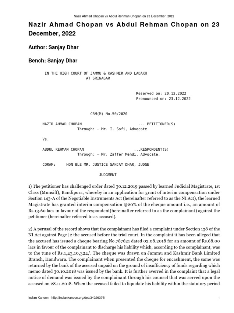 Nazir Ahmad Chopan Vs Abdul Rehman Chopan On 23 December 2022 | PDF ...