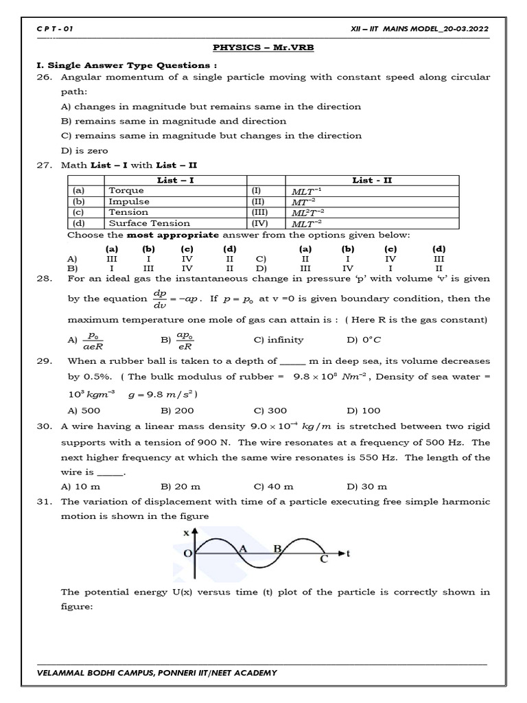 Physics - VRB Sir CPT 1 - Xii - Iit - 20.03.2022 | PDF | Gases | Mass