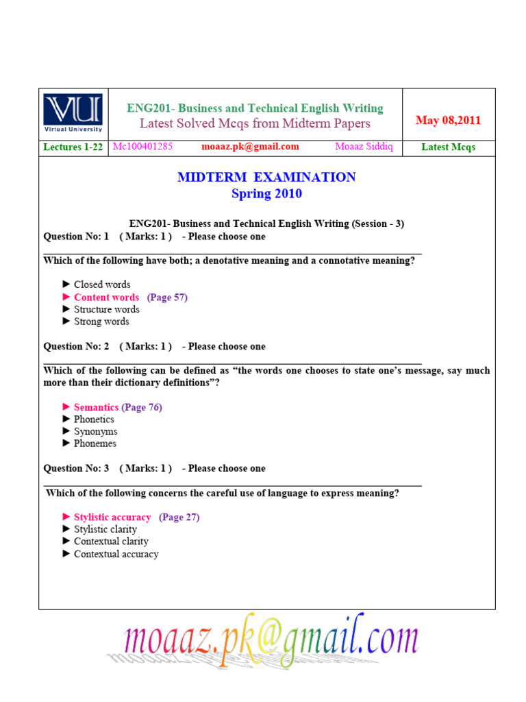 ENG201 Midterm Solved Mcqs With References by Moaaz | PDF | Communication | Information