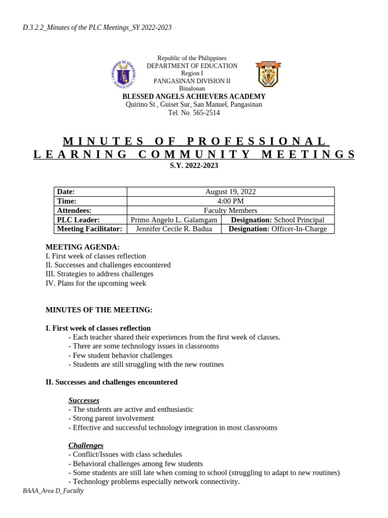 D.3.2.2 Minutes of The Professional Learning Community Meetings SY 2022 ...