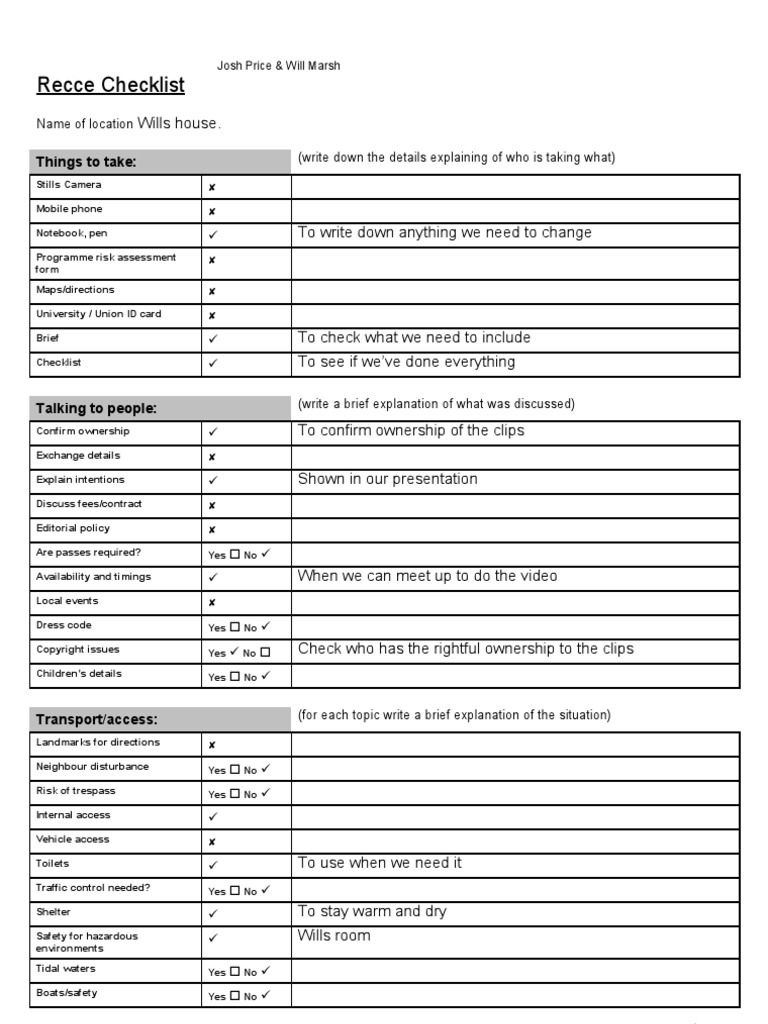 1recce Checklist For Music Video | PDF