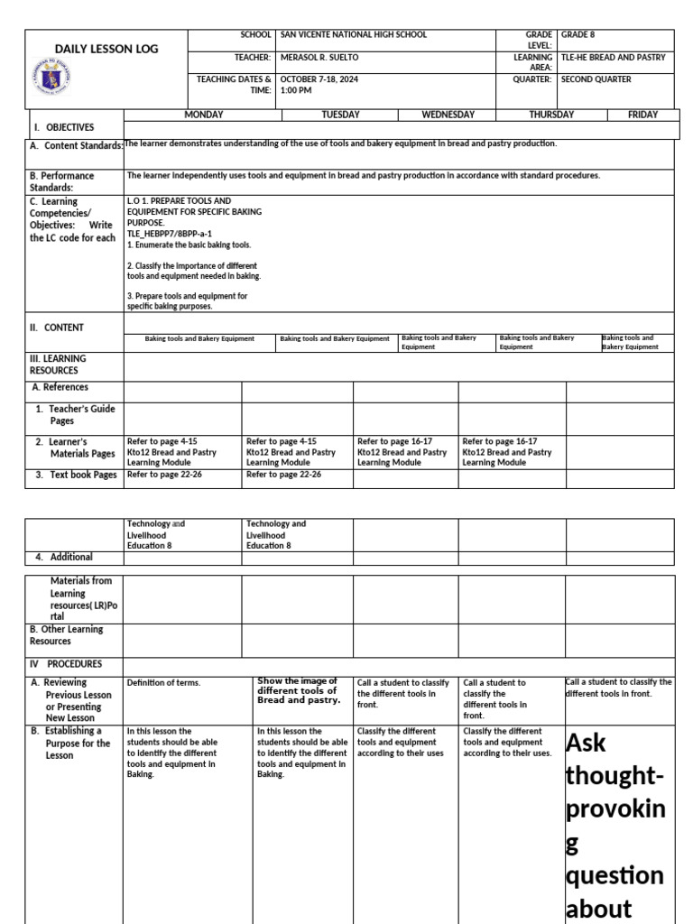 Grade 8 TLE Bread and Pastry Lesson Plan | PDF | Baking | Learning