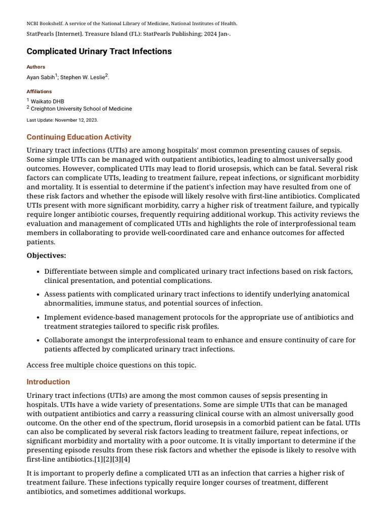 Complicated Urinary Tract Infections - StatPearls - NCBI Bookshelf ...